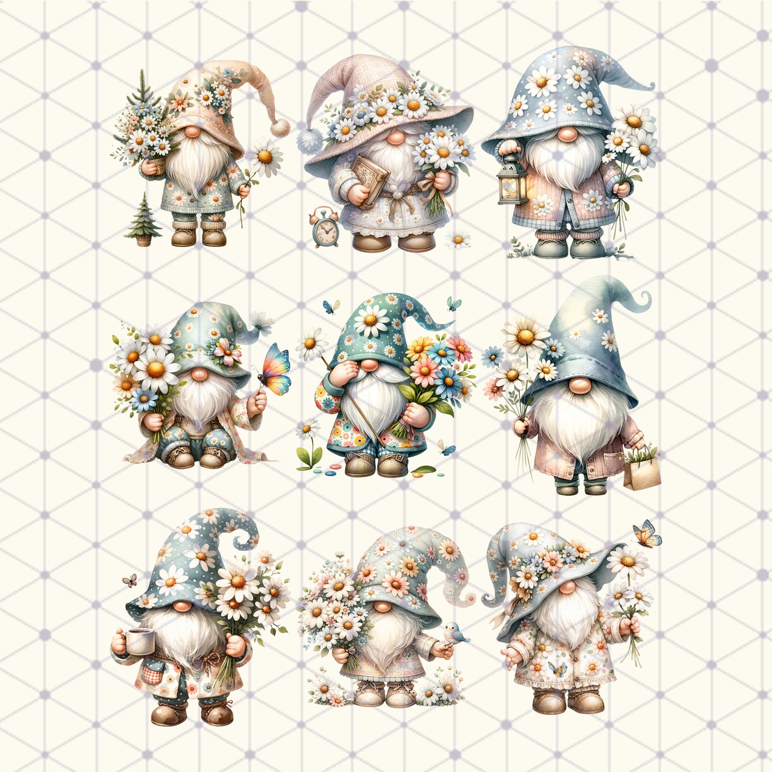 29 Enchanting Watercolor Daisy Gnome Clipart PNG Bundle Garden Delight ...