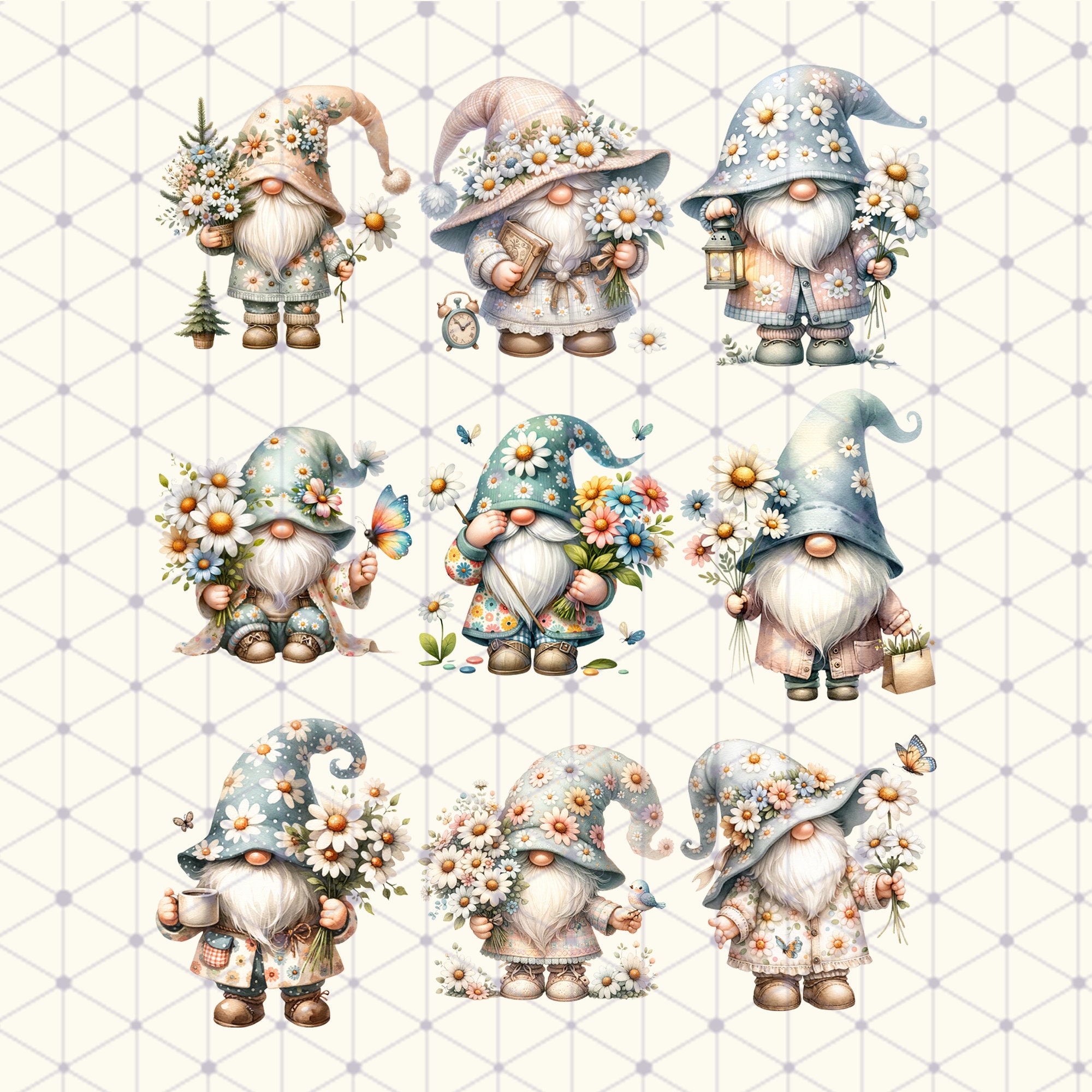 29 Enchanting Watercolor Daisy Gnome Clipart PNG Bundle Garden Delight ...