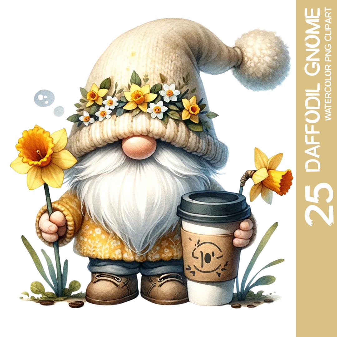 25 Enchanted Daffodils Gnome Clipart Bundle - Watercolor Floral Spring Garden Gnome Nursery ...