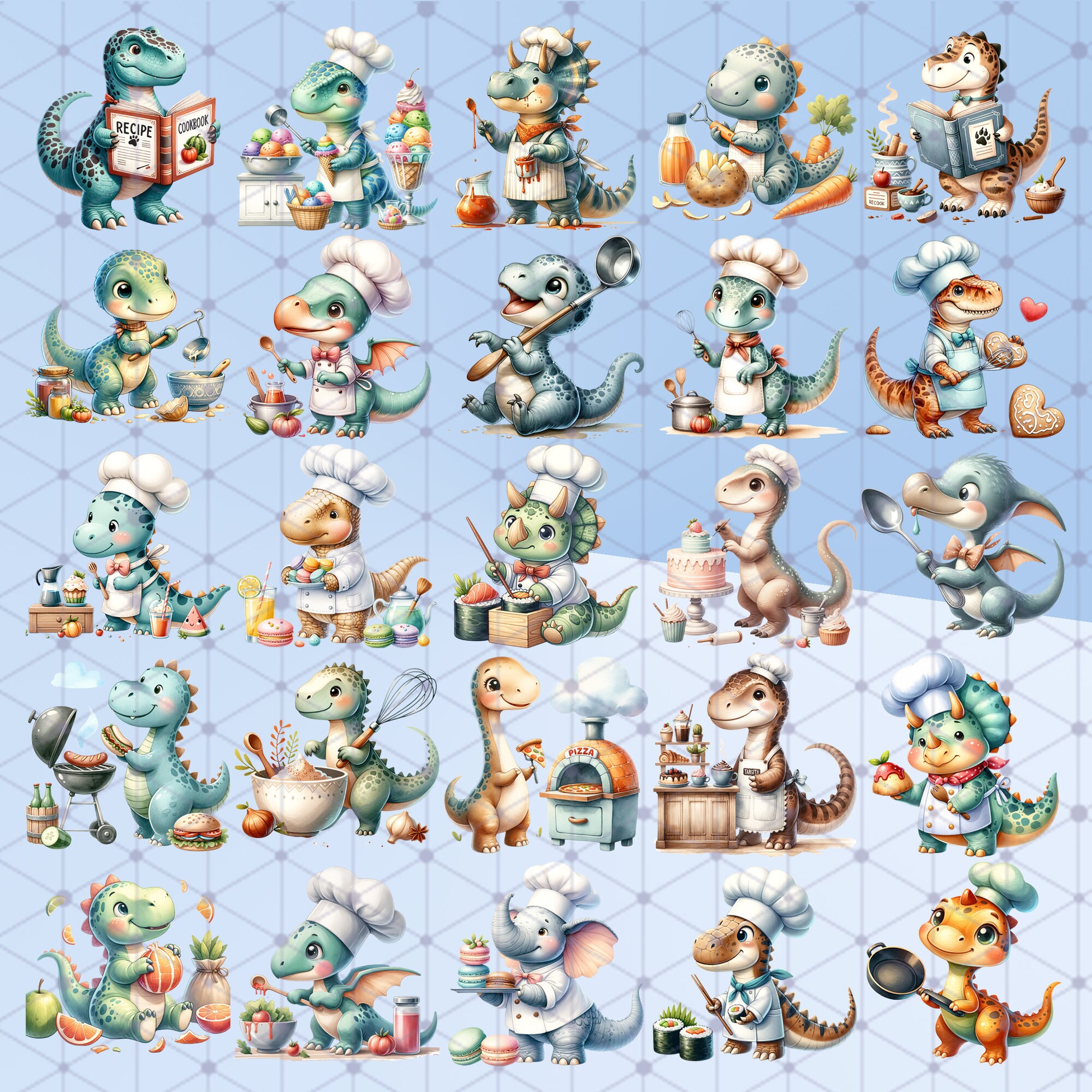 62 Chef Dinosaur Themed Watercolor Clipart, Birthday Party Graphic ...