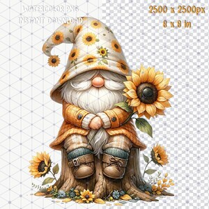 25 Charming Watercolor Sunflower Gnomes Clipart Bundle: Adorable Gnomes ...