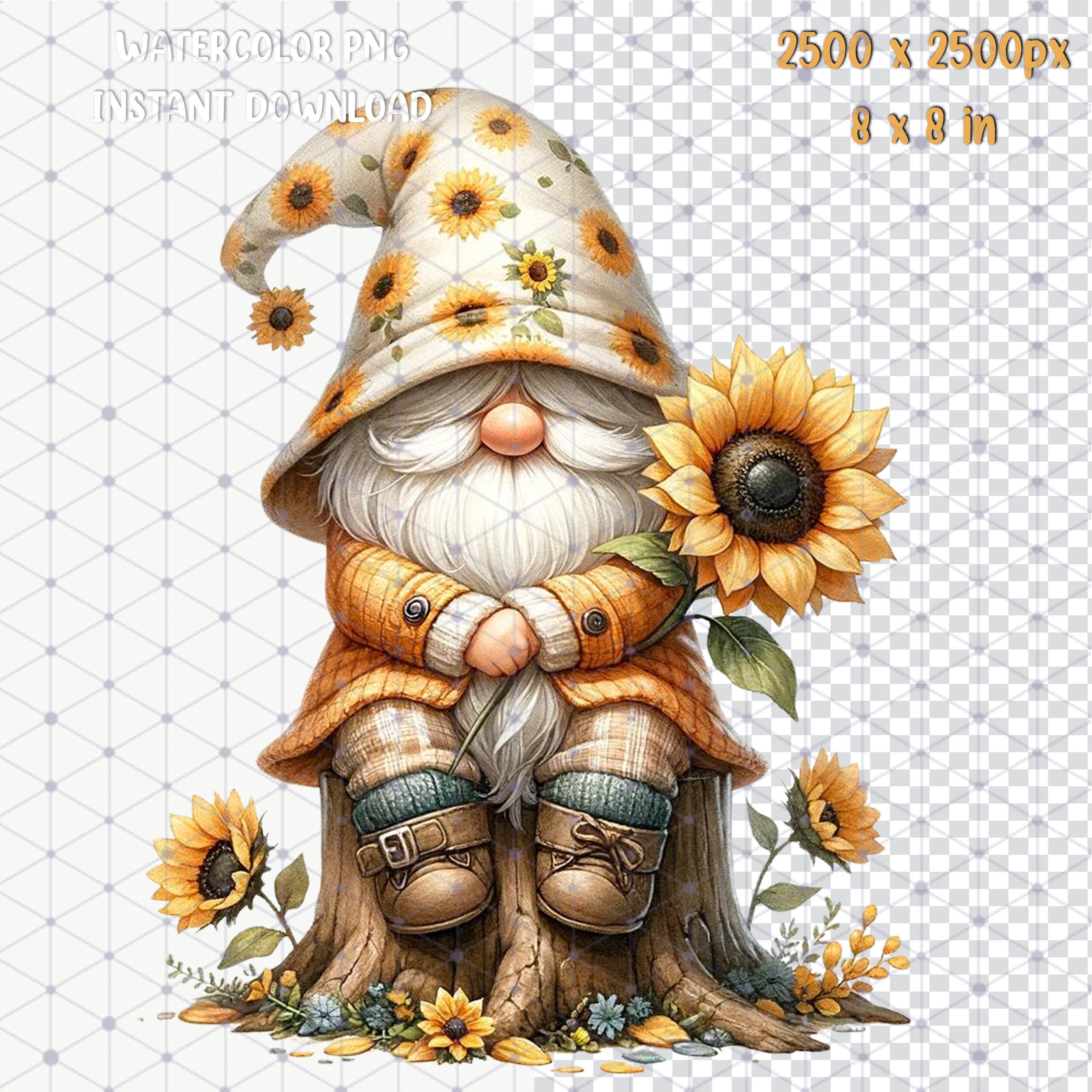 25 Charming Watercolor Sunflower Gnomes Clipart Bundle: Adorable Gnomes ...
