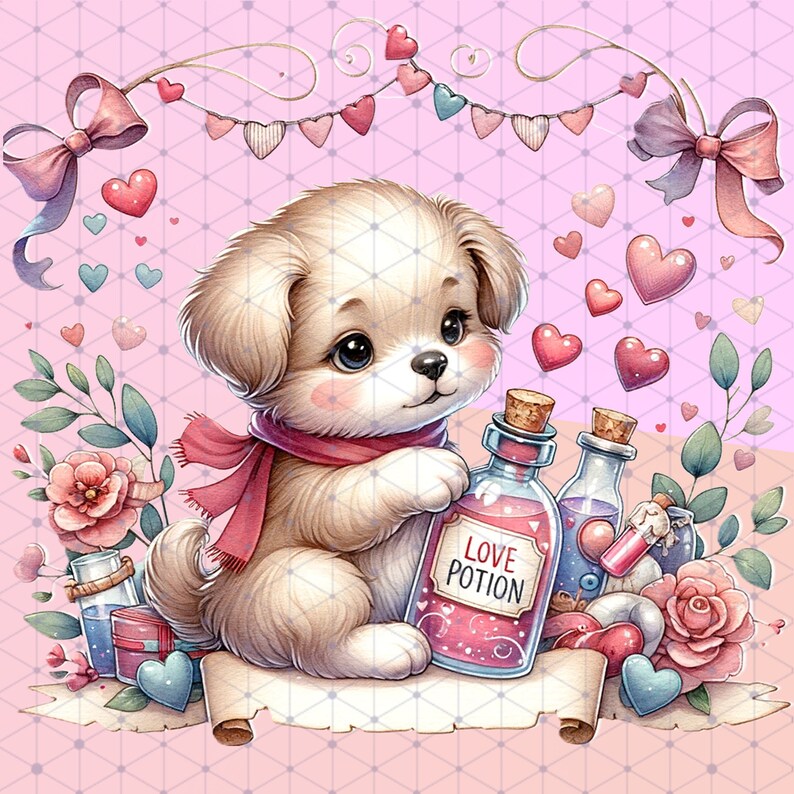 32 Valentine's Day Puppy Love Watercolor Clipart Collection, Valentine ...