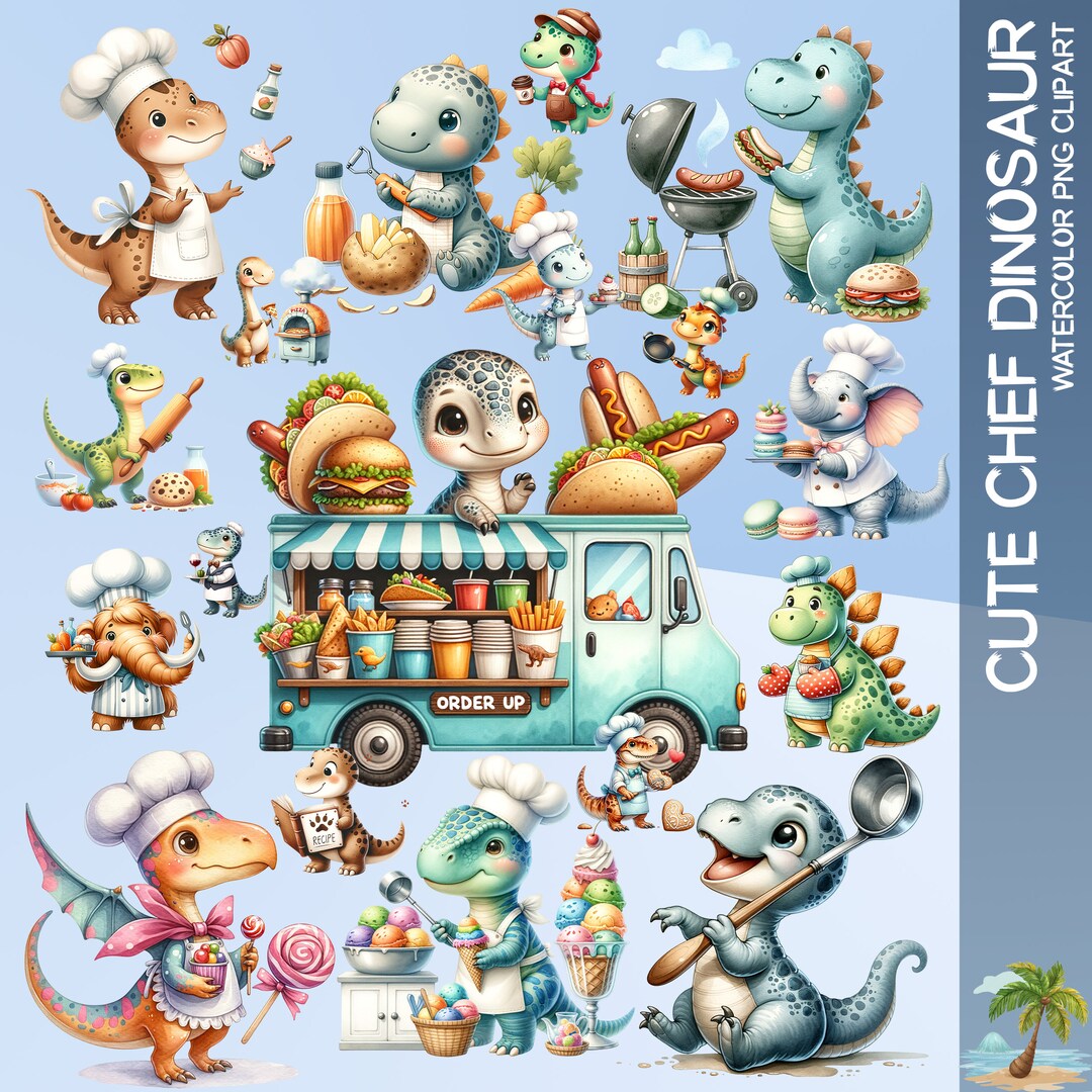 62 Chef Dinosaur Themed Watercolor Clipart, Birthday Party Graphic ...