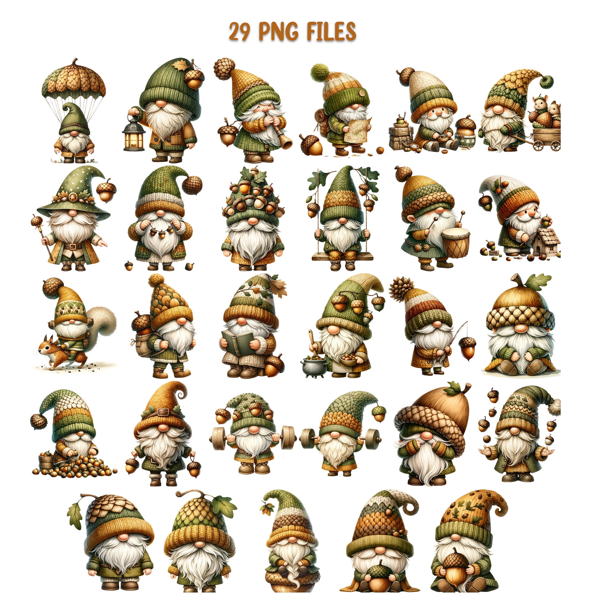 Acorn Gnome Watercolor Clipart Bundle: Autumn Thanksgiving PNG (29 ...