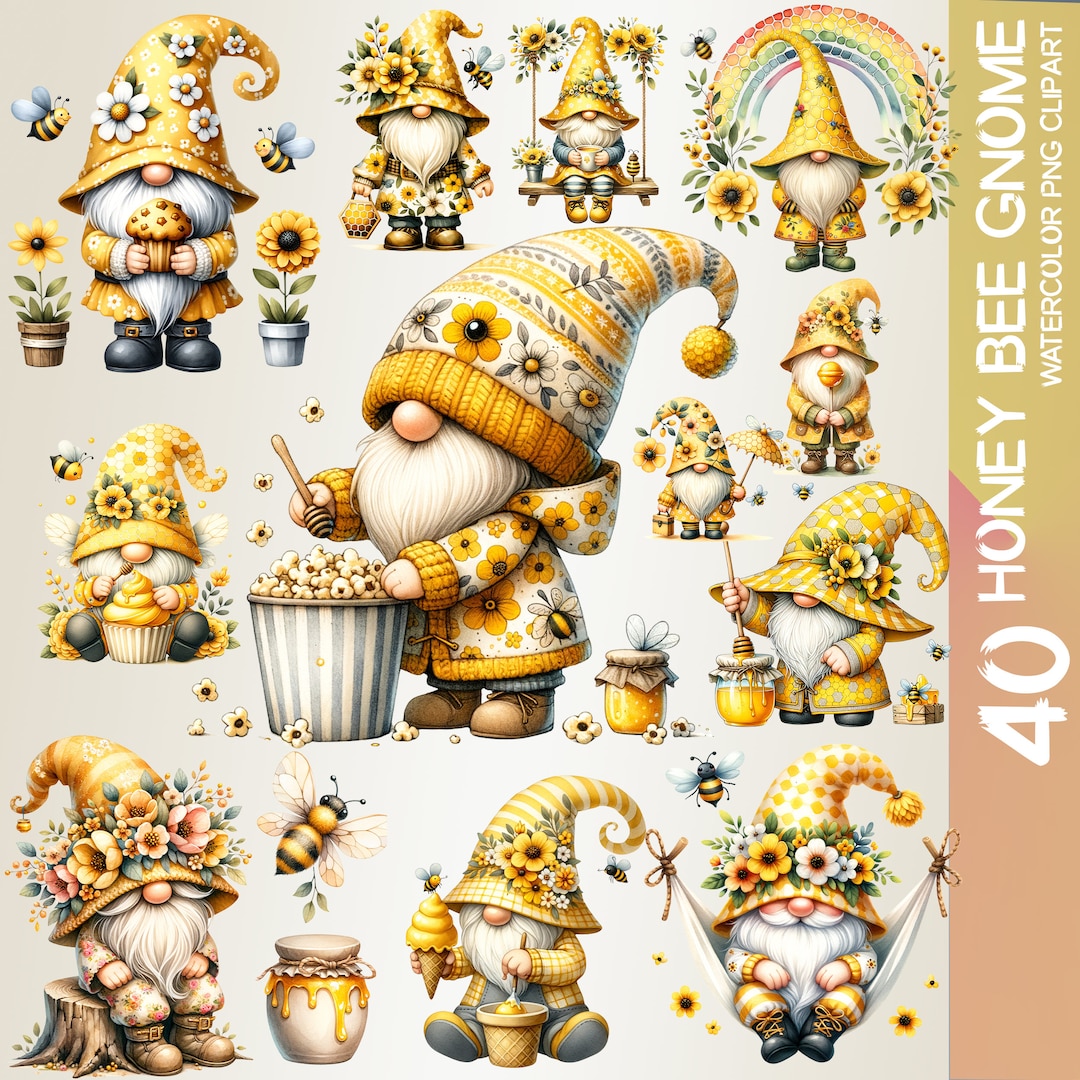 Watercolor Honey Bee Garden Gnome Clipart: Spring Nursery Designs - Etsy