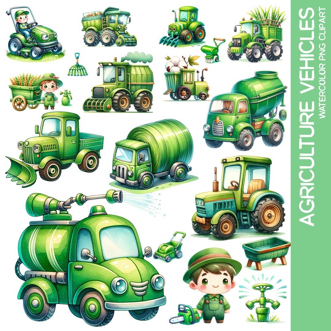 Agriculture Vehicle Clipart Kids' Watercolor - Tractor, Harvester ...