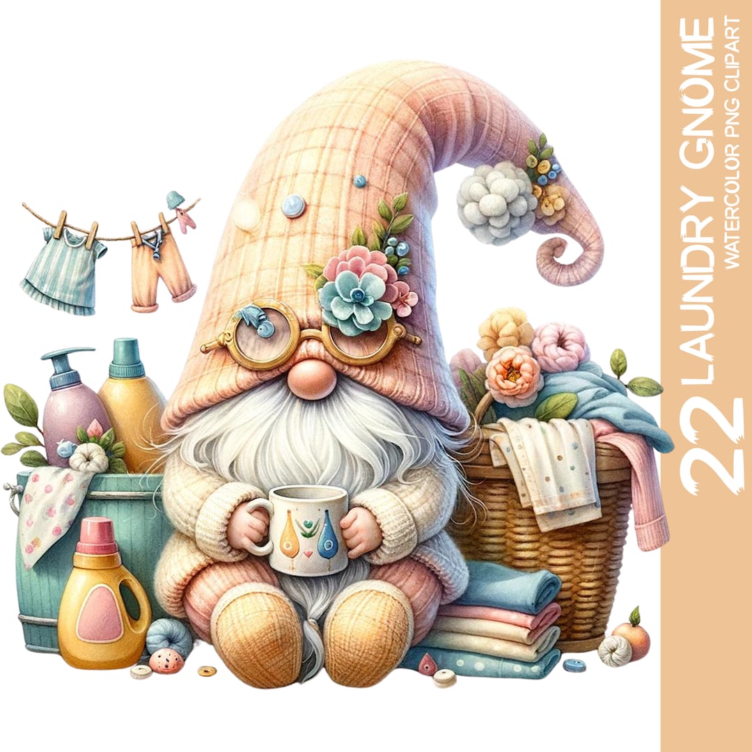 22 Captivating Watercolor Laundry Gnome Clipart Bundle - PNG, Housekeeping & Cleaning Gnomes ...