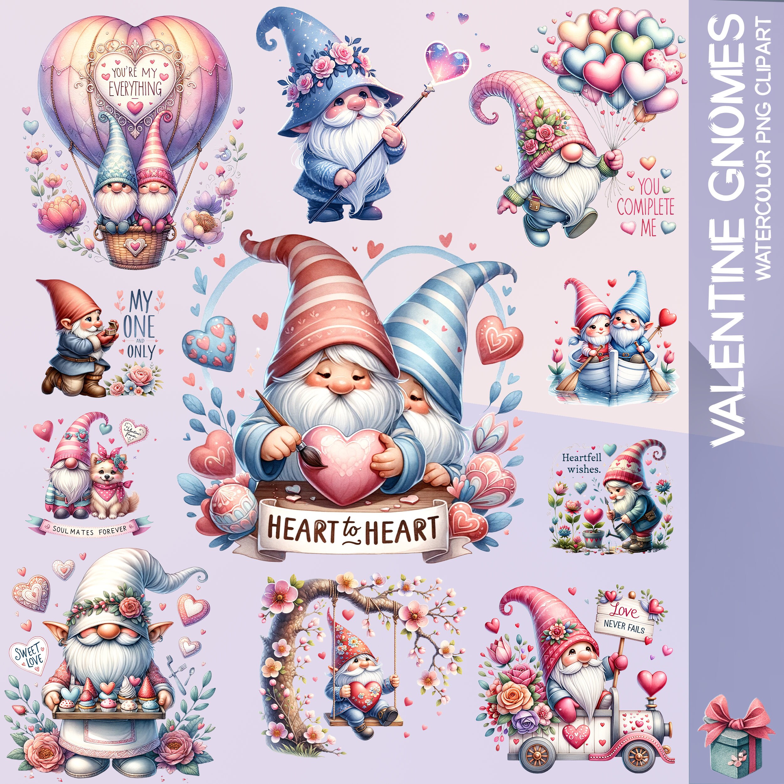 Watercolor Valentines Gnomes Clipart, 16 PNG Love Gnome Clipart ...