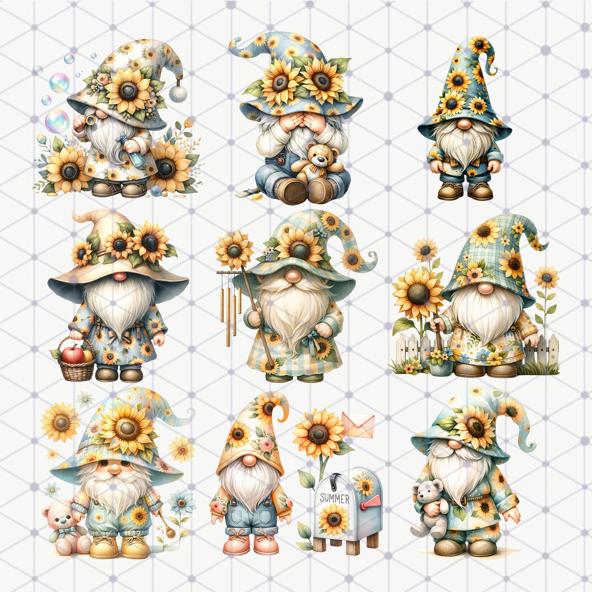 25 Charming Watercolor Sunflower Gnomes Clipart Bundle: Adorable Gnomes ...