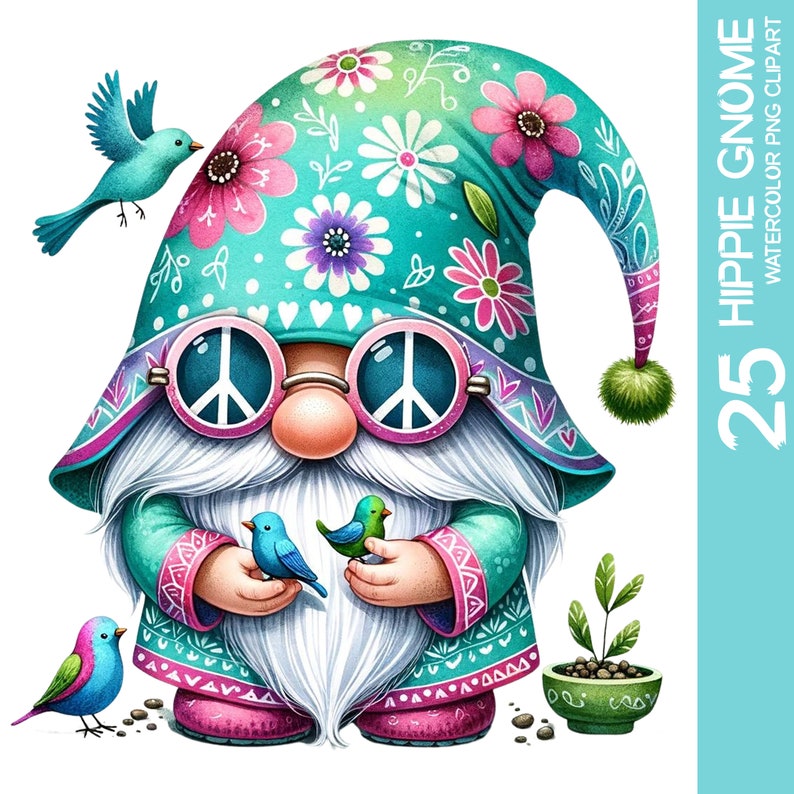 Hippie Gnome Clipart Bundle: Watercolor Peace Gnomes (PNG Digital ...
