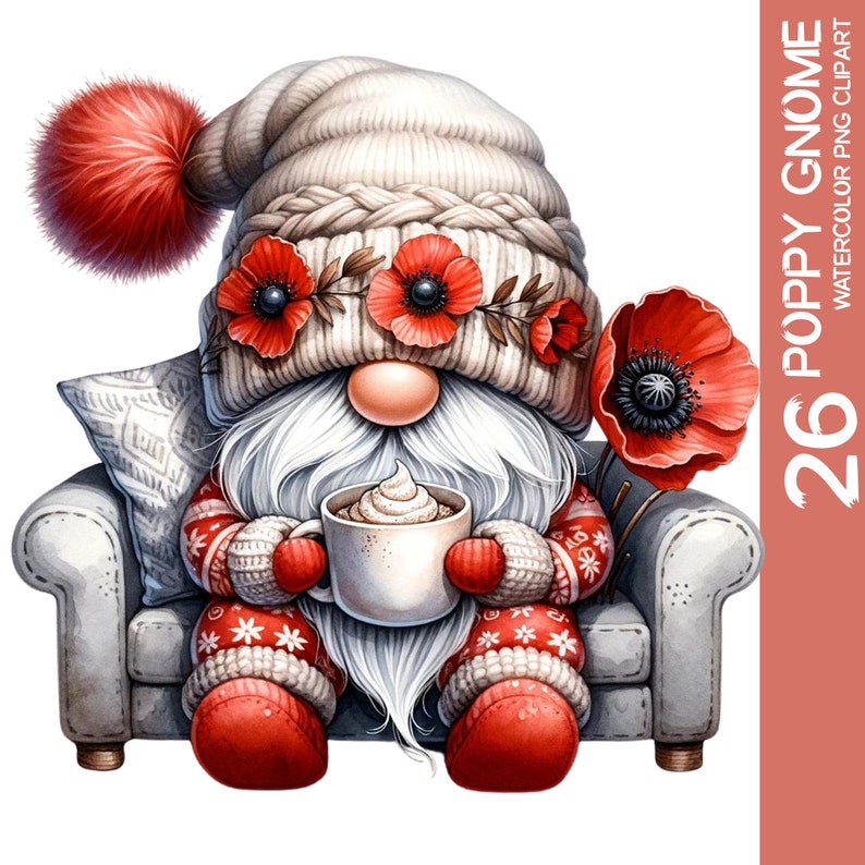 Watercolor Poppy Gnome Clipart: Remembrance Spring Design (PNG) - Etsy