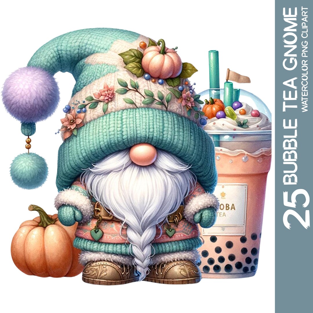 Watercolor Bubble Tea Gnomes Clipart Bundle: Nursery PNG (digital ...