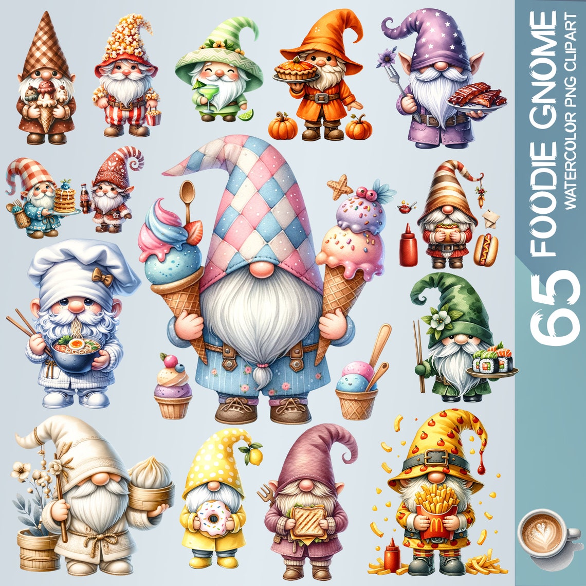 65 Cheerful Foodie Gnome Watercolor Clipart, Birthday Party Graphics ...