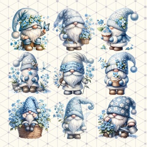 Watercolor Forget-me-not Gnome Clipart: Floral PNG Set (digital ...
