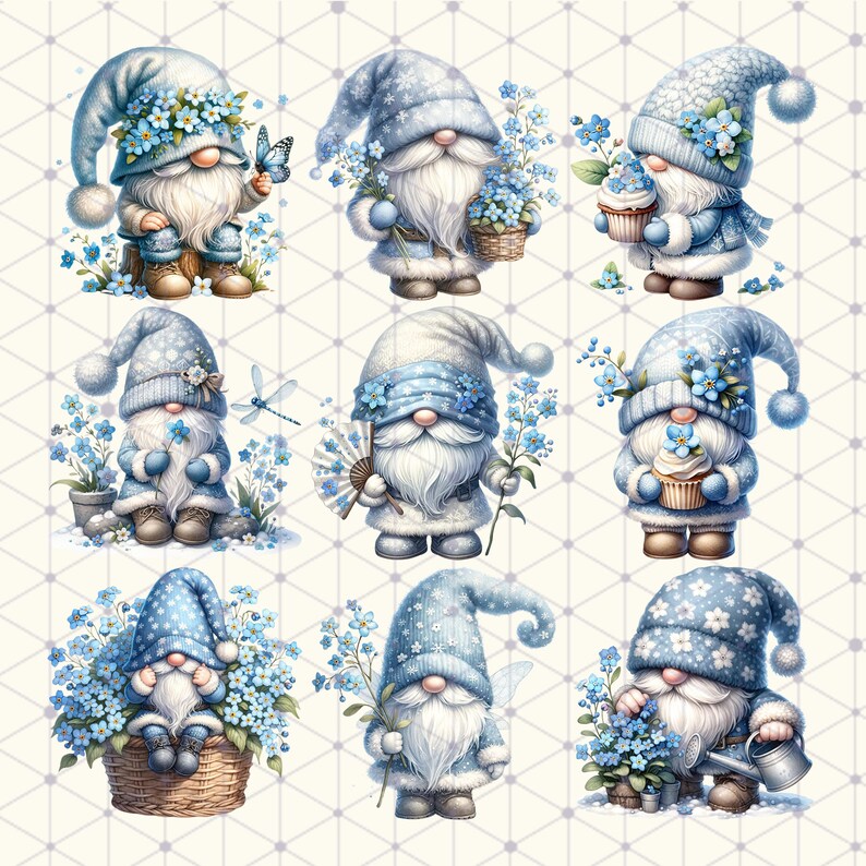 Watercolor Forget-me-not Gnome Clipart: Floral PNG Set (digital ...