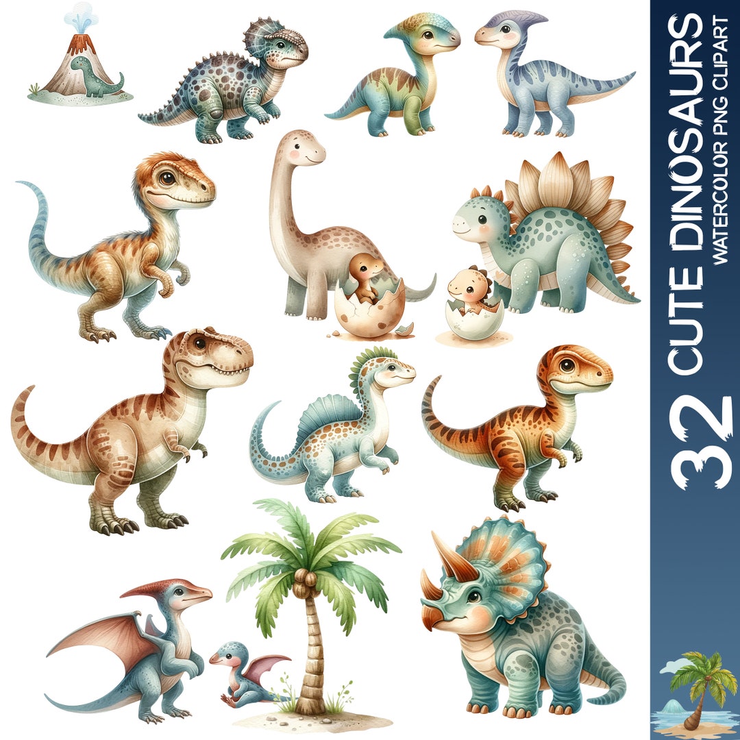 32 Watercolor Dinosaur Clipart: Nursery Decor, Birthday Graphics (PNG ...