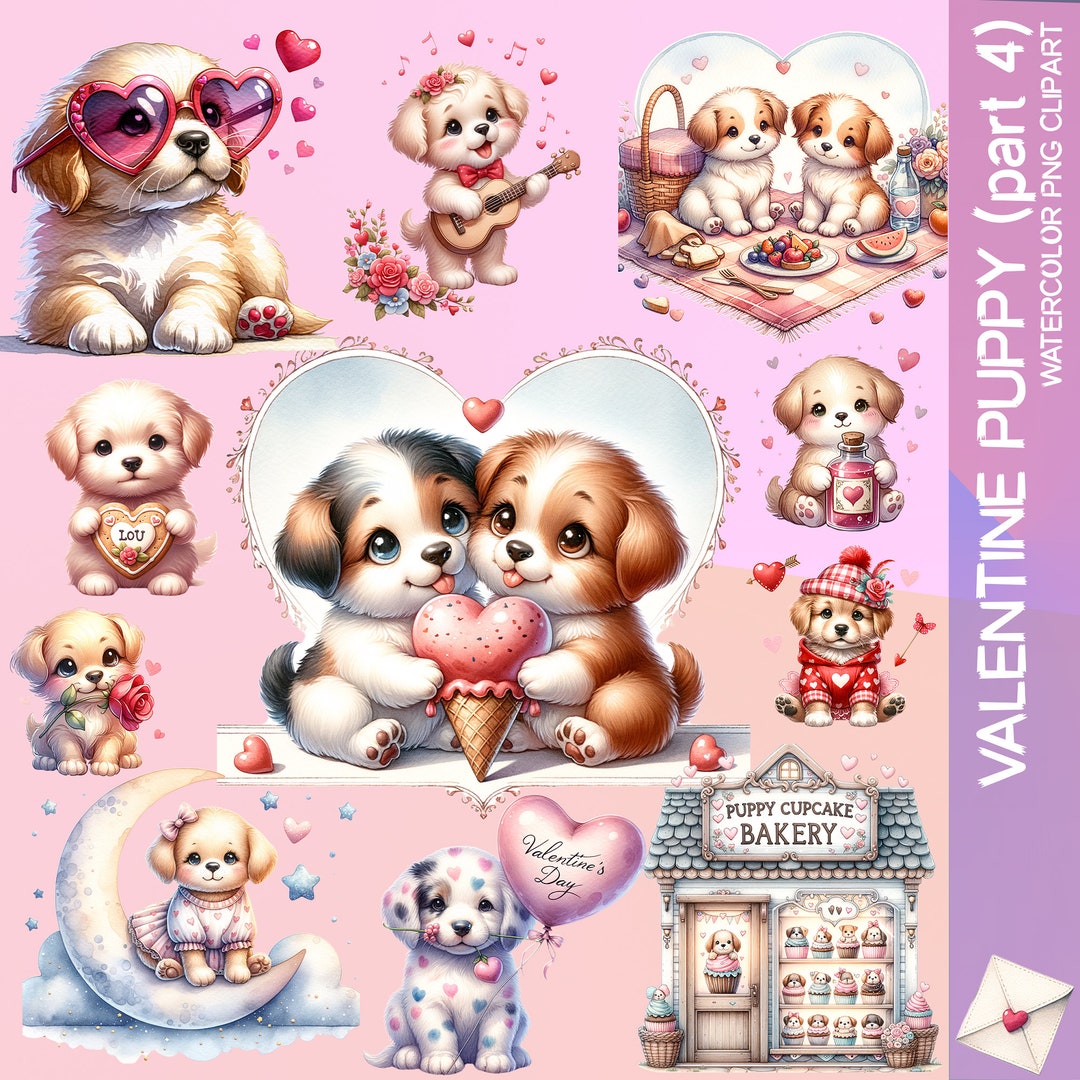 34 Valentine's Day Puppy Love Watercolor Clipart Collection, Valentine ...