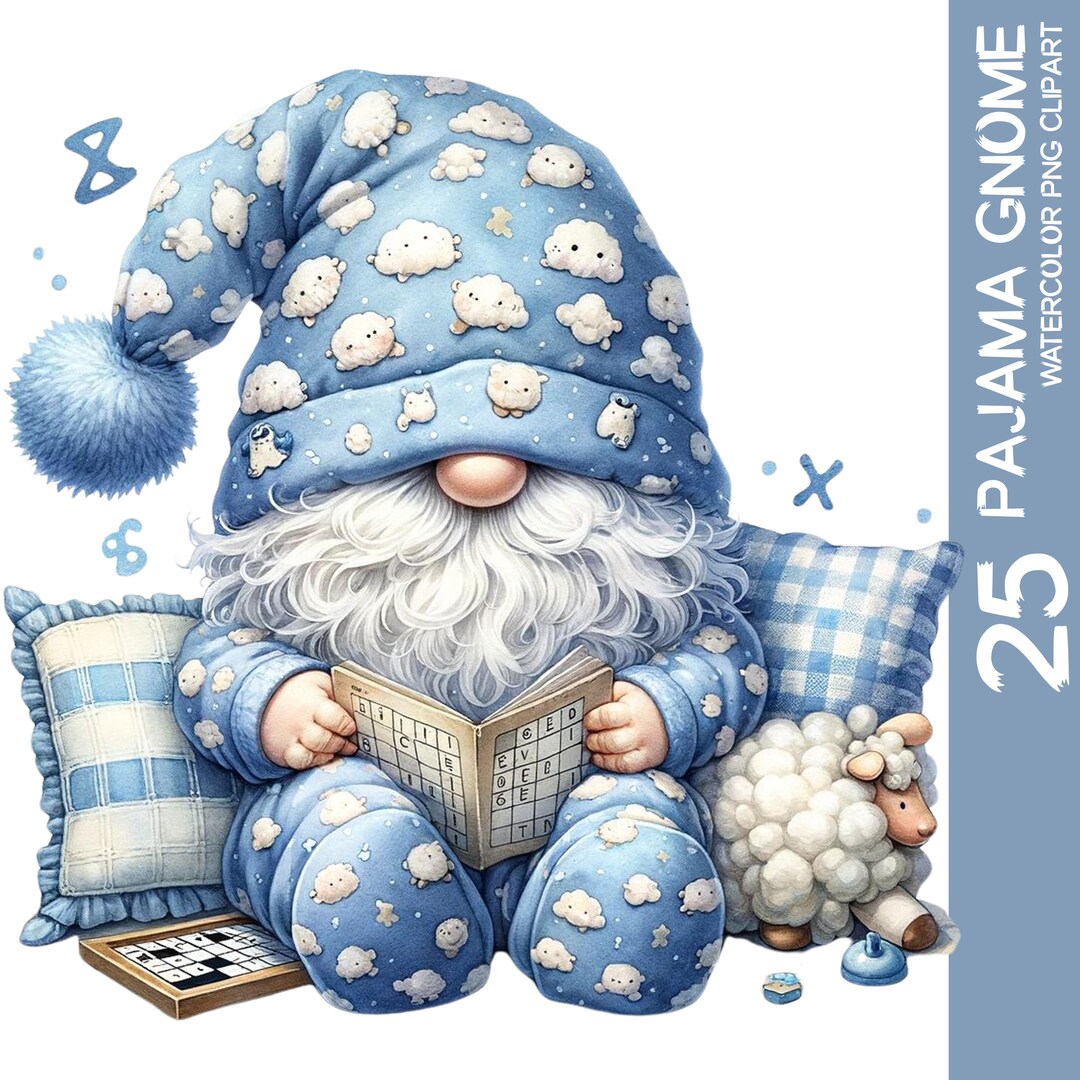 25 Whimsical Watercolor Blue Pajamas Gnome Clipart Bundle - PNG, Ideal ...