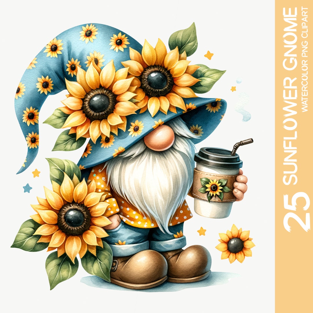 25 Charming Watercolor Sunflower Gnomes Clipart Bundle: Adorable Floral ...