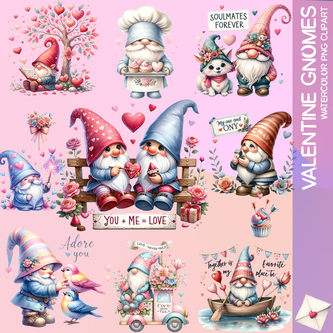 Watercolor Valentines Gnomes Clipart, 16 PNG Love Gnomes Clipart ...