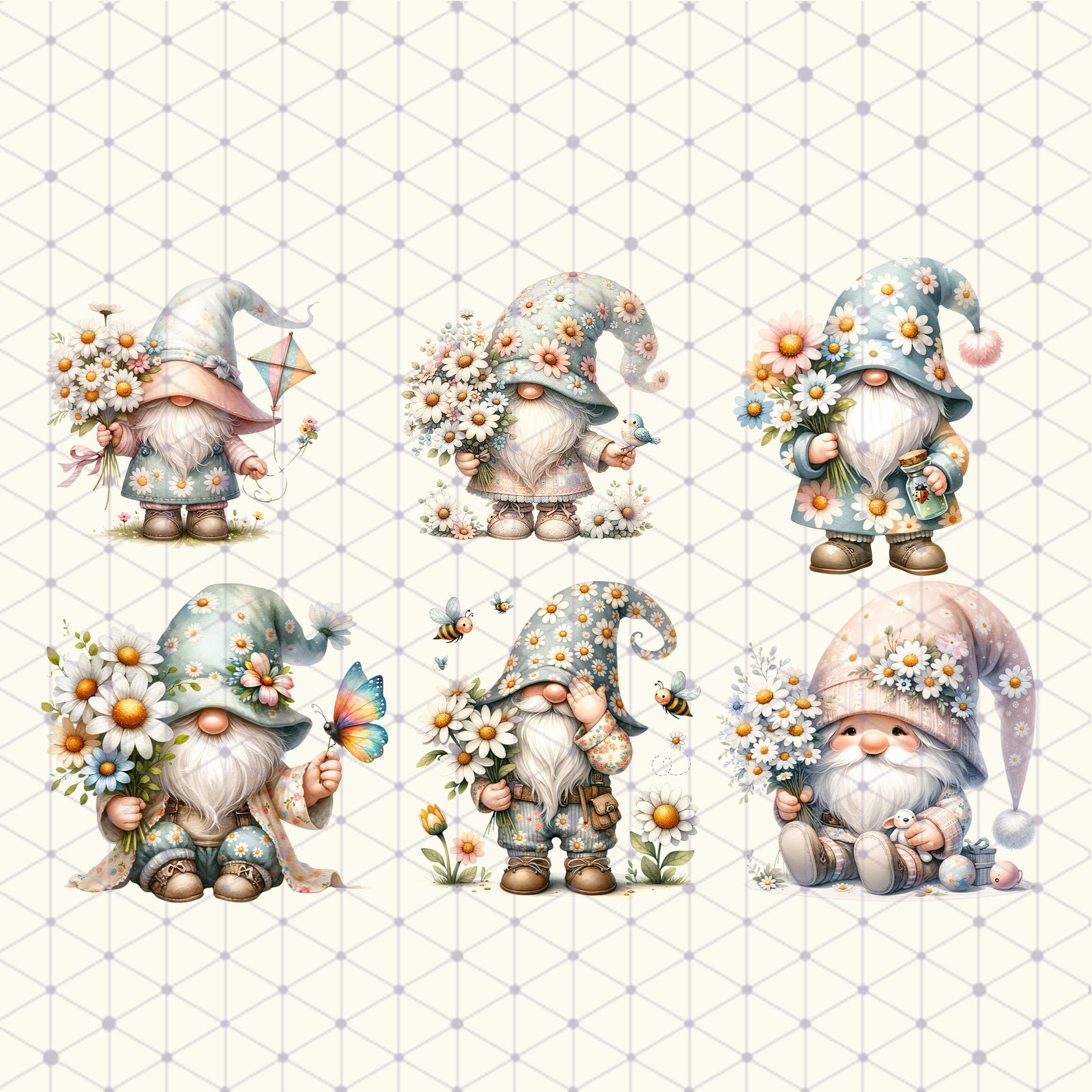 29 Enchanting Watercolor Daisy Gnome Clipart PNG Bundle Garden Delight ...