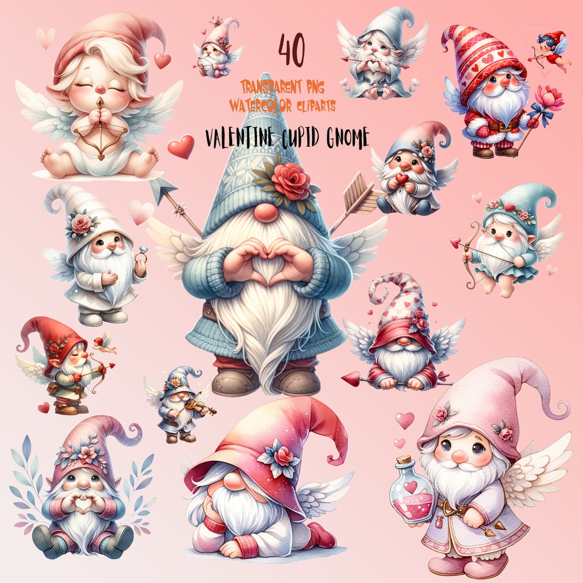 Watercolor Valentines Cupid Gnomes Clipart 40 PNG Festive Gnomes ...