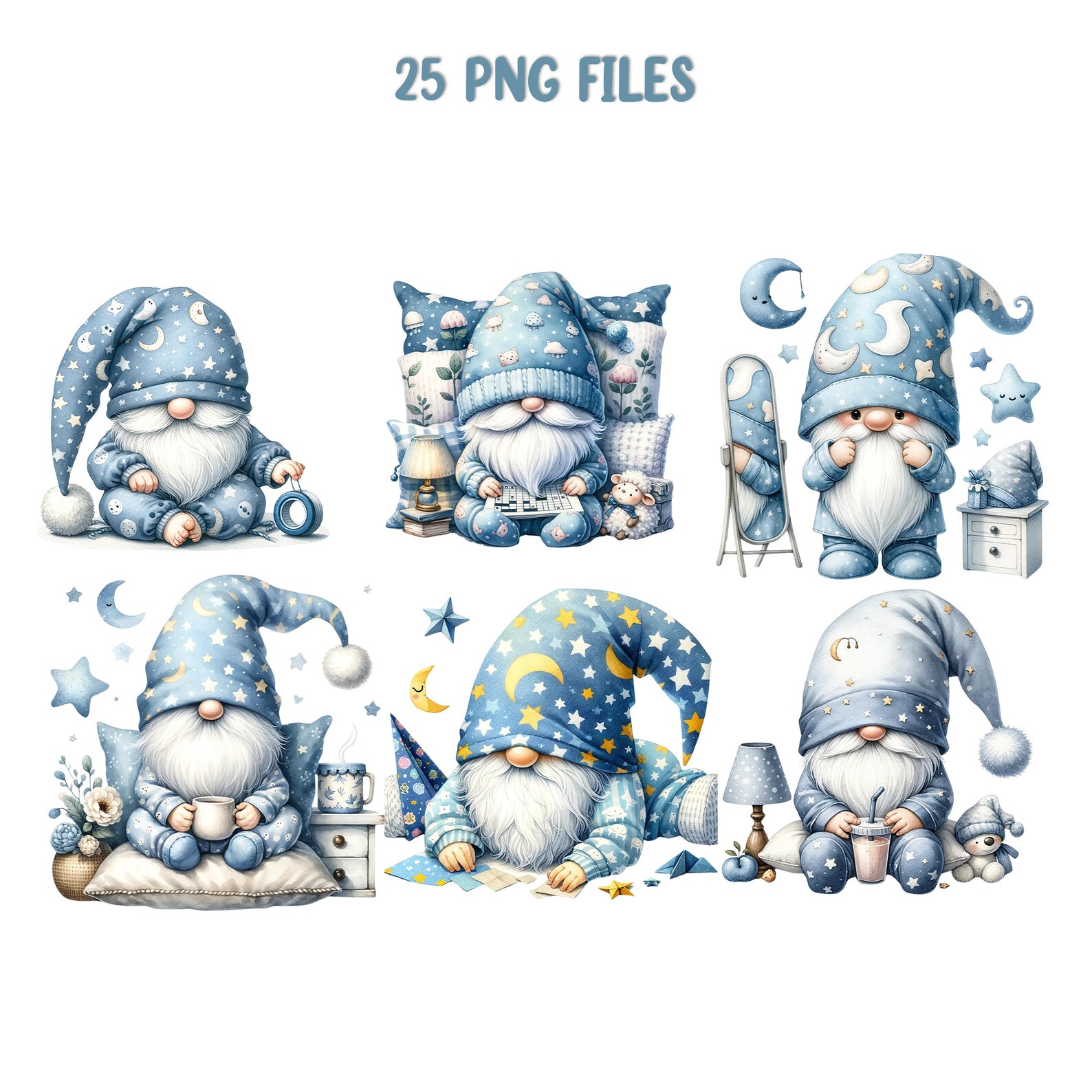 Watercolor Pajama Gnome Clipart: Blue Bedtime PNG Bundle (25) - Etsy