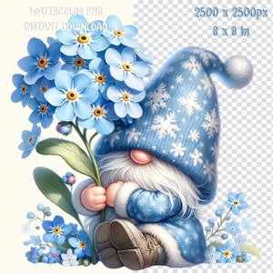 Watercolor Forget-me-not Gnome Clipart: Floral PNG Set (digital ...