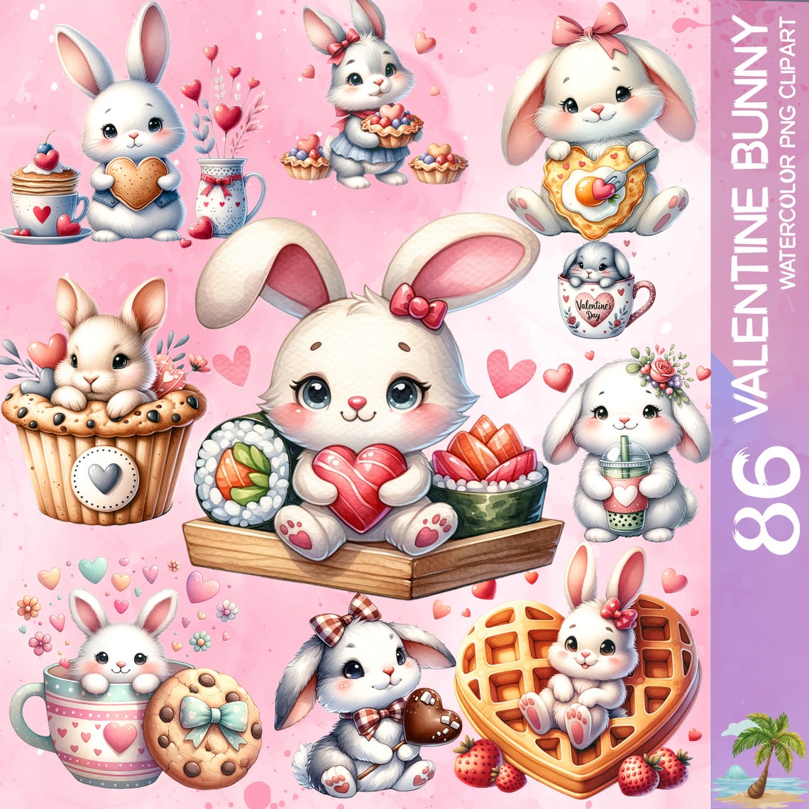 86 Valentine's Bunny Clipart Set, Sublimation Ready Png Graphics ...