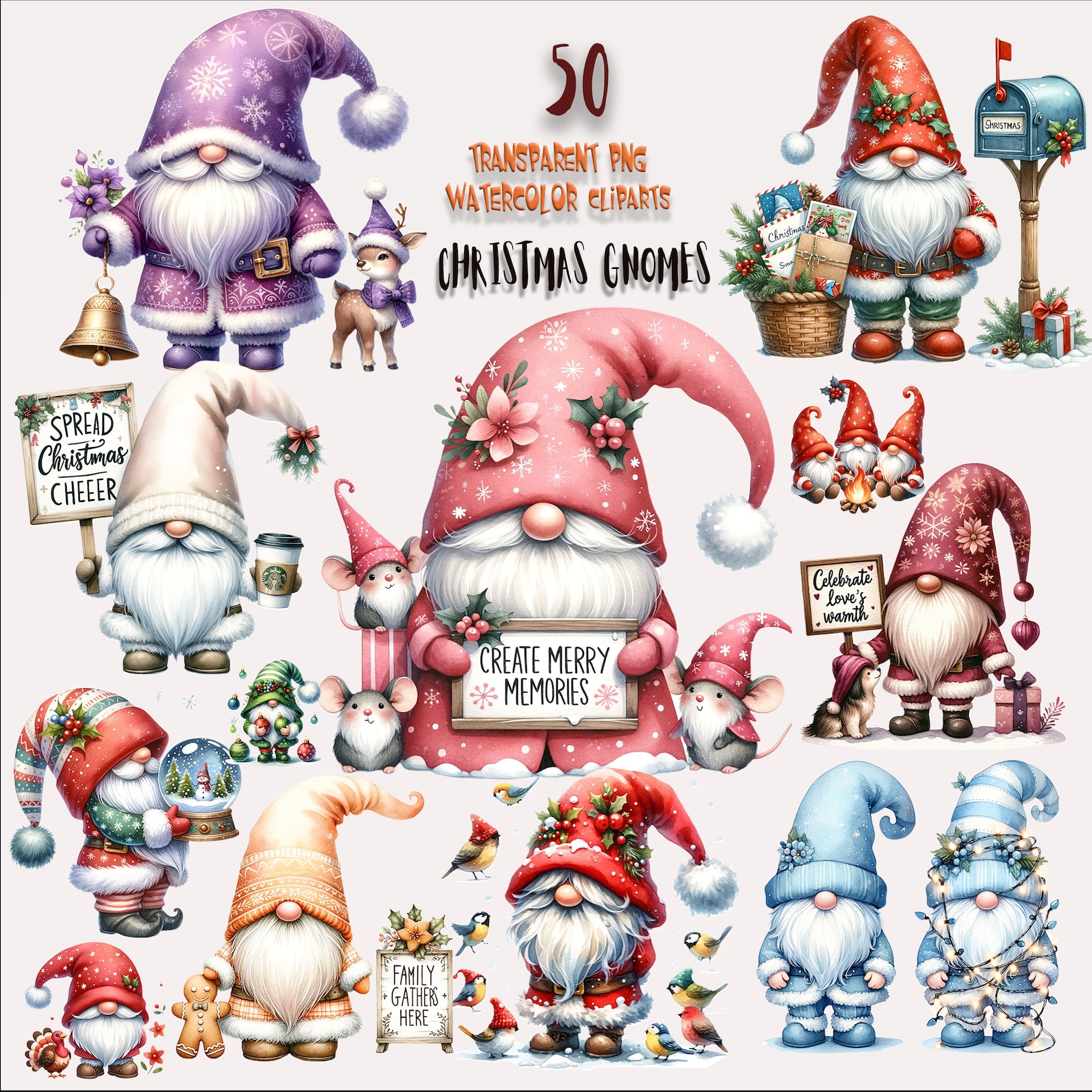 Festive Gnomes Watercolor Clipart PNG Format 50 Christmas Gnome Pngs ...