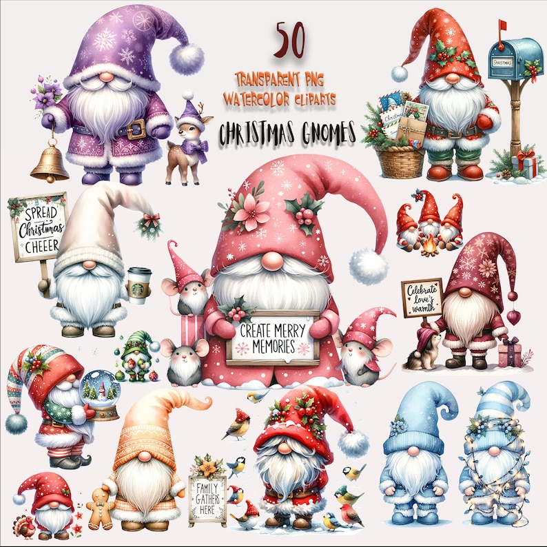 Festive Gnomes Watercolor Clipart PNG Format 50 Christmas Gnome Pngs ...