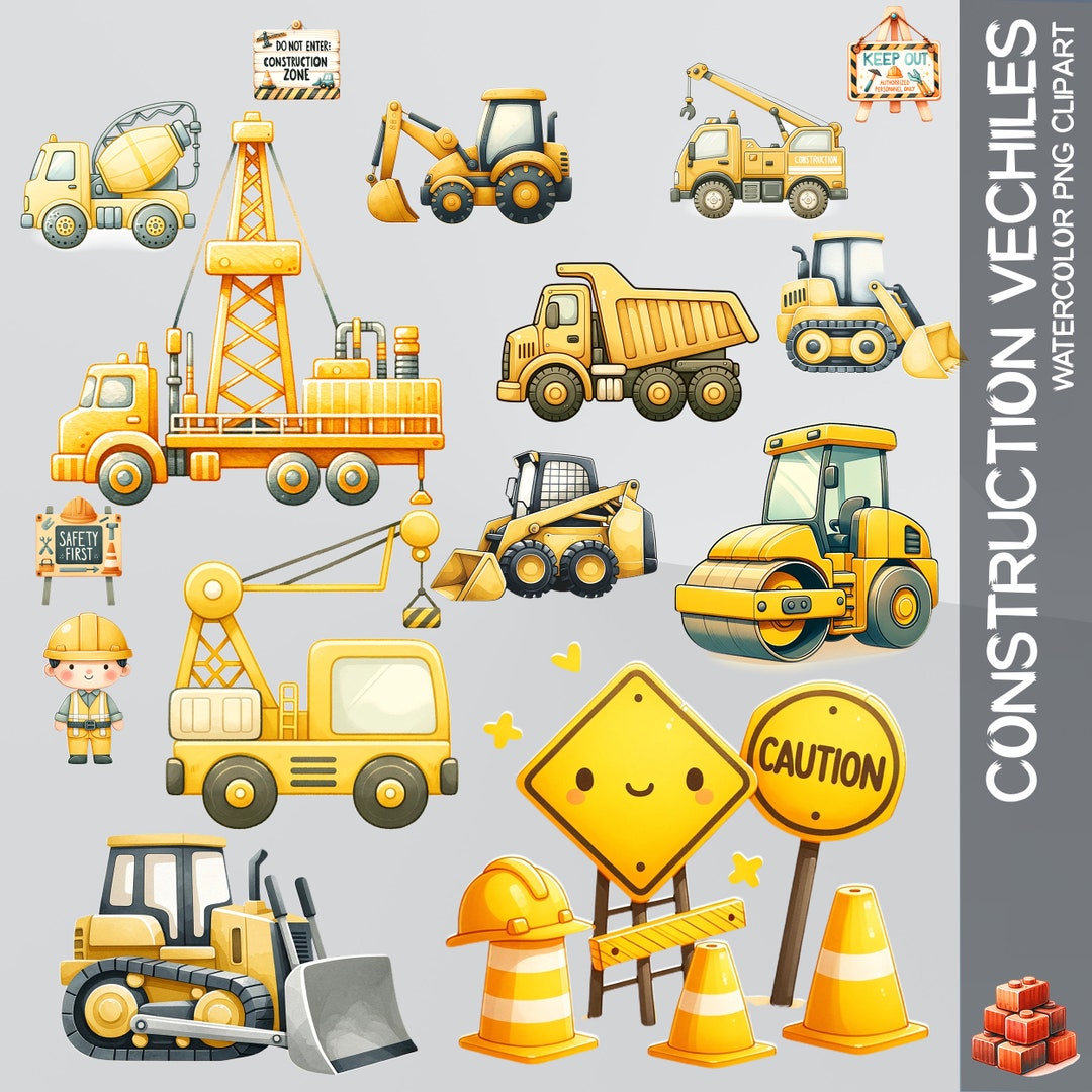 Kids' Watercolor Construction Vehicle Clipart: 60 PNG Images (digital ...