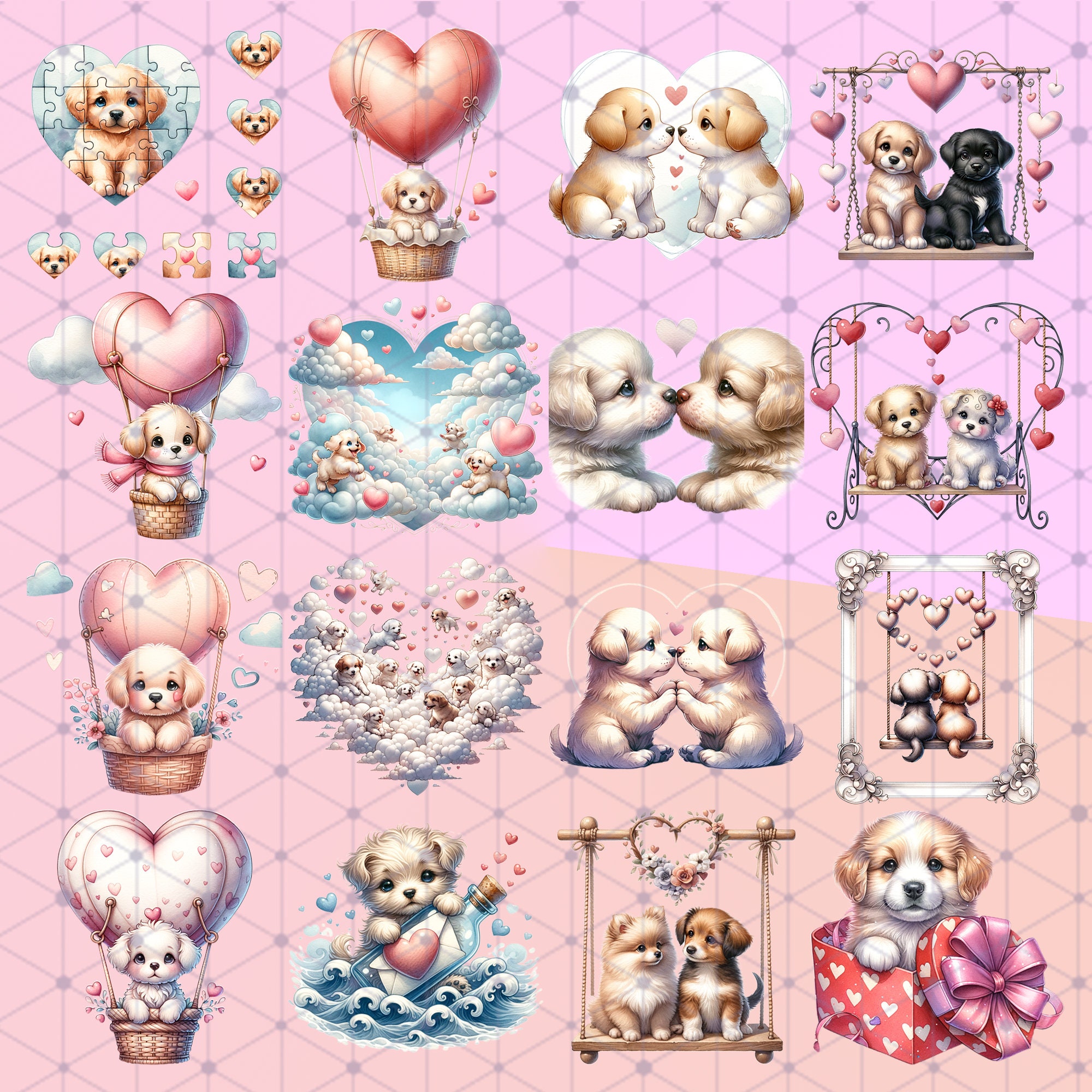 32 Valentine's Day Puppy Love Watercolor Clipart Collection, Valentine ...