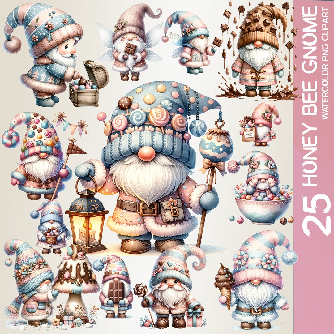 Watercolor Chocolate Candy Gnomes Clipart 25 PNG Festive Gnome, Cute ...