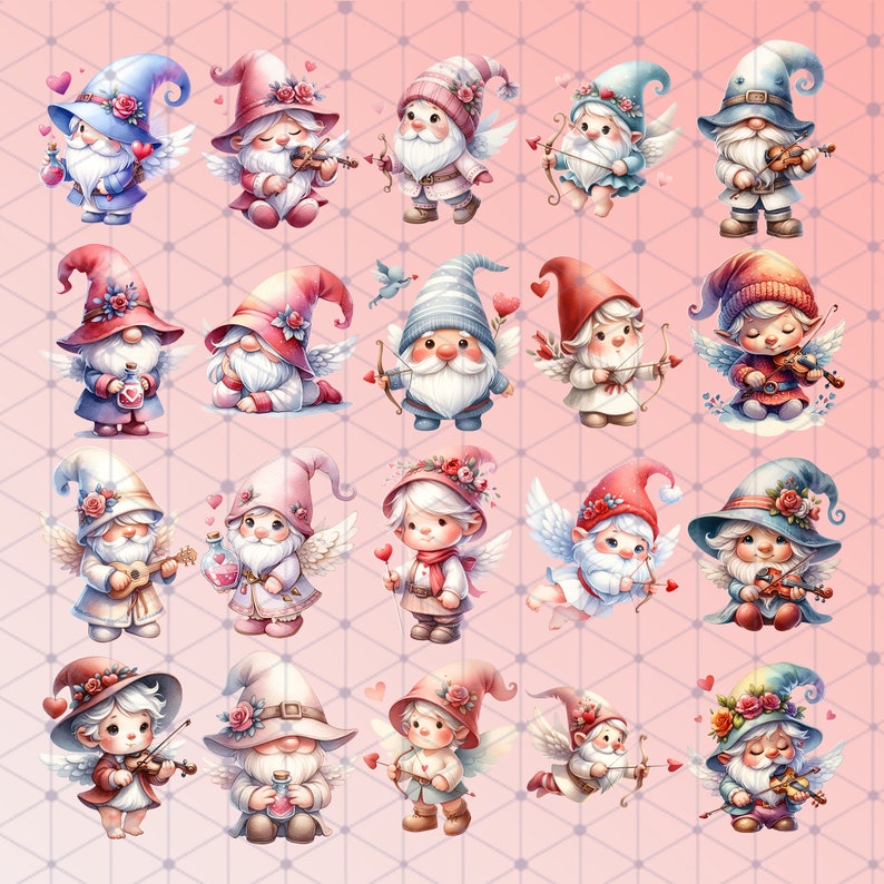 Watercolor Valentines Cupid Gnomes Clipart 40 PNG Festive Gnomes ...