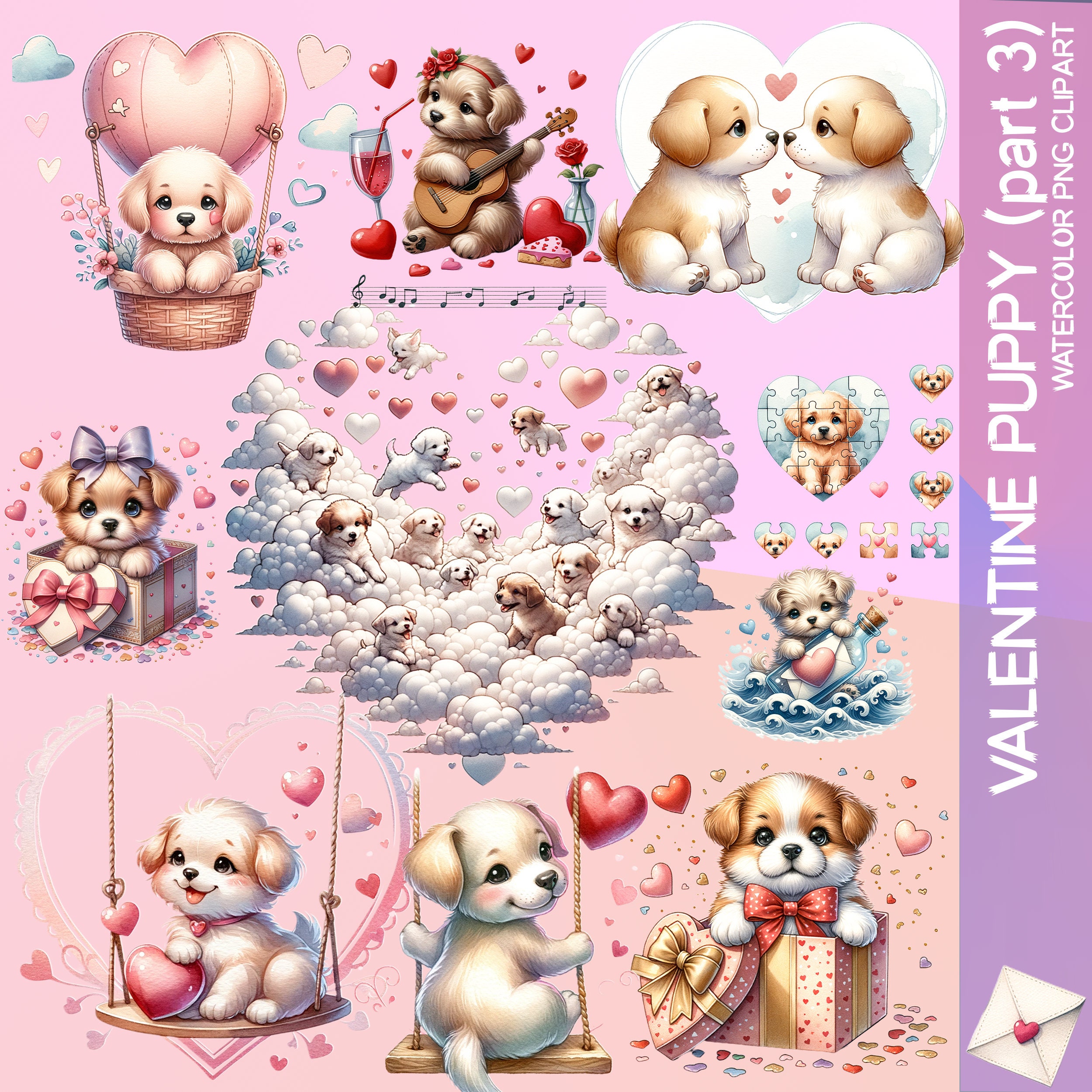 32 Valentine's Day Puppy Love Watercolor Clipart Collection, Valentine ...