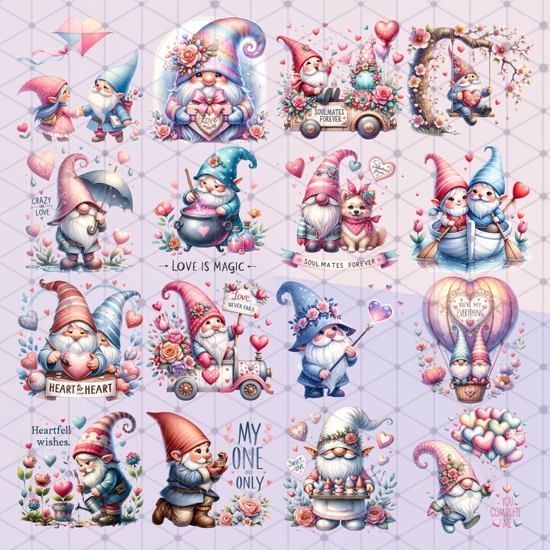 Watercolor Valentines Gnomes Clipart, 16 PNG Love Gnome Clipart ...