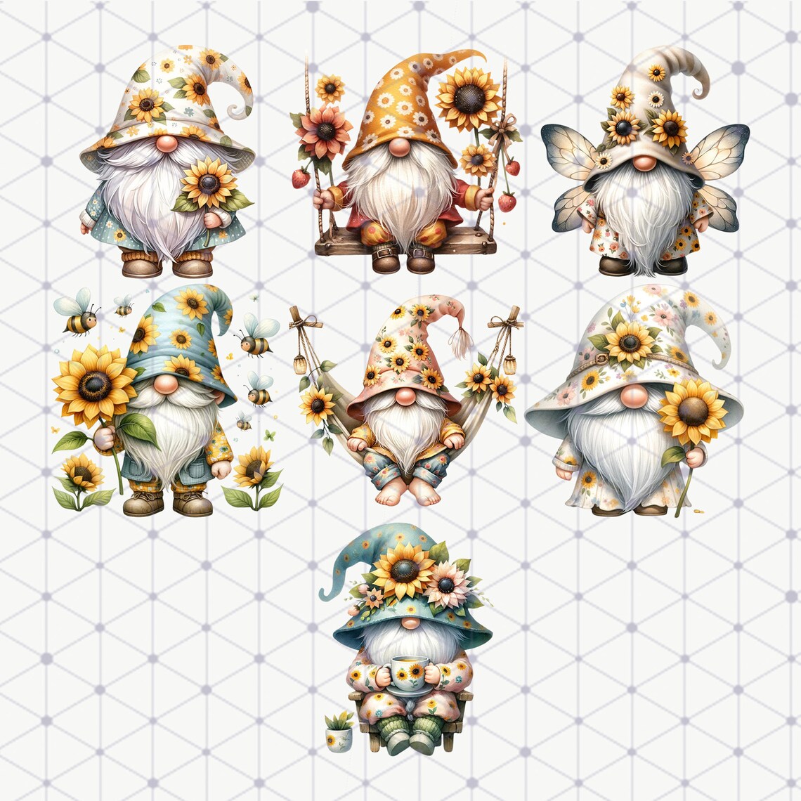 25 Charming Watercolor Sunflower Gnomes Clipart Bundle: Adorable Gnomes ...