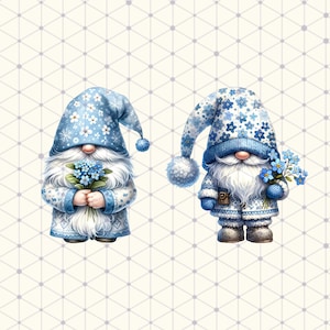 Watercolor Forget-me-not Gnome Clipart: Floral PNG Set (digital ...