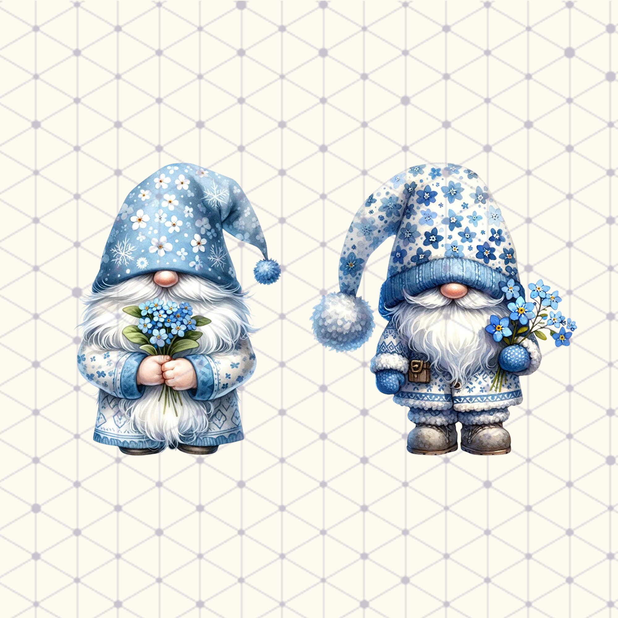 Watercolor Forget-me-not Gnome Clipart: Floral PNG Set (digital ...