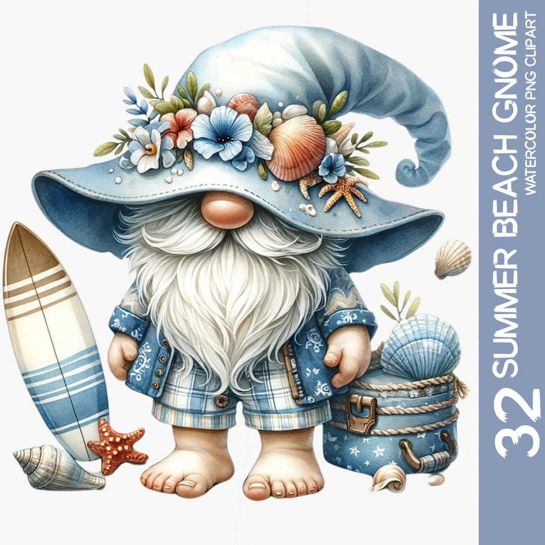 Watercolor Beach Gnome Clipart: Seashell & Starfish - Summer Nursery ...