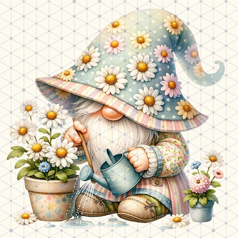 29 Enchanting Watercolor Daisy Gnome Clipart PNG Bundle Garden Delight ...