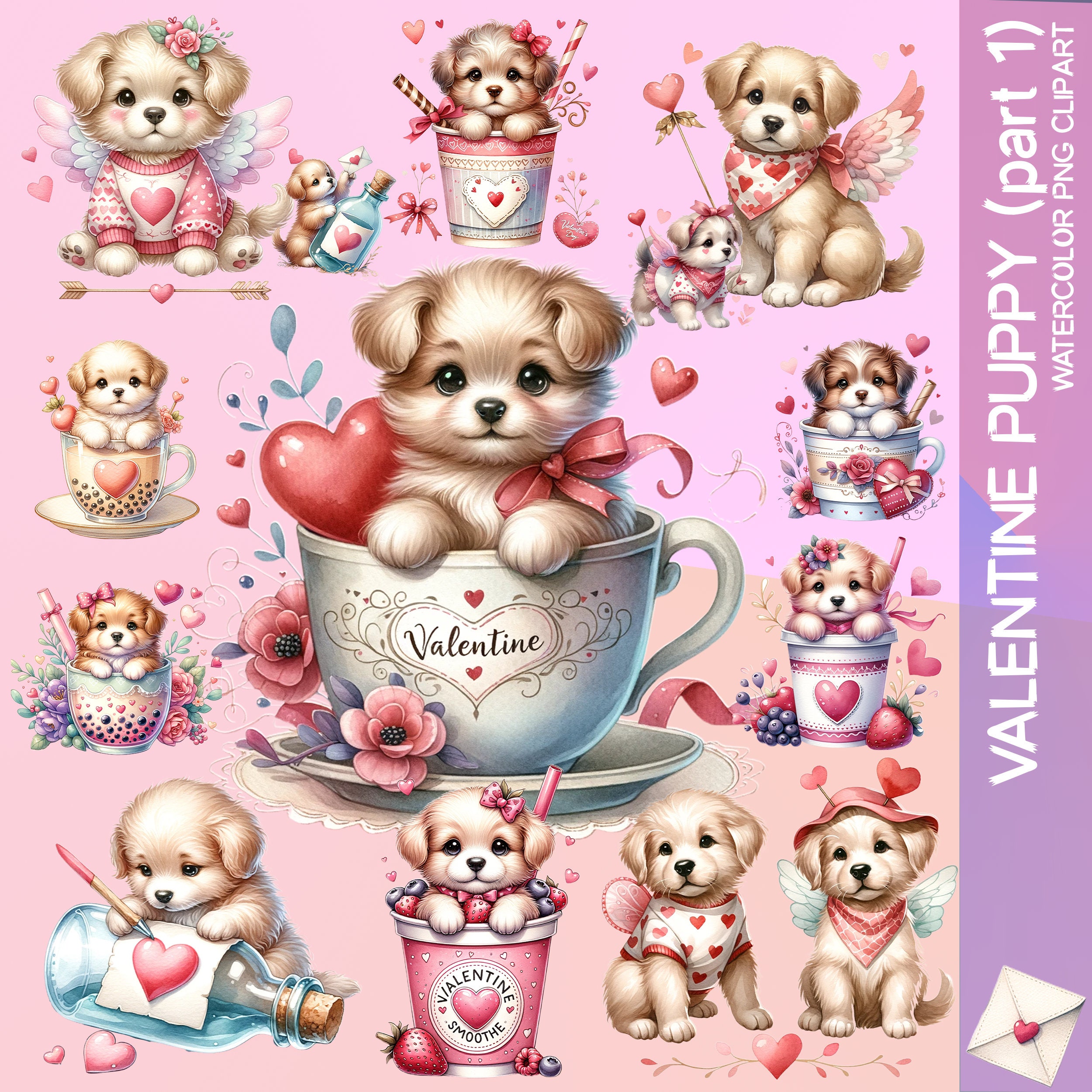 32 Valentine's Day Puppy Love Watercolor Clipart Collection, Valentine ...