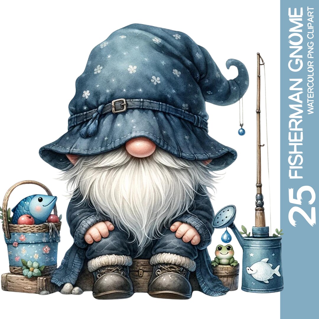 25 Whimsical Watercolor Fishing Gnome Clipart Bundle PNG, Fisherman ...
