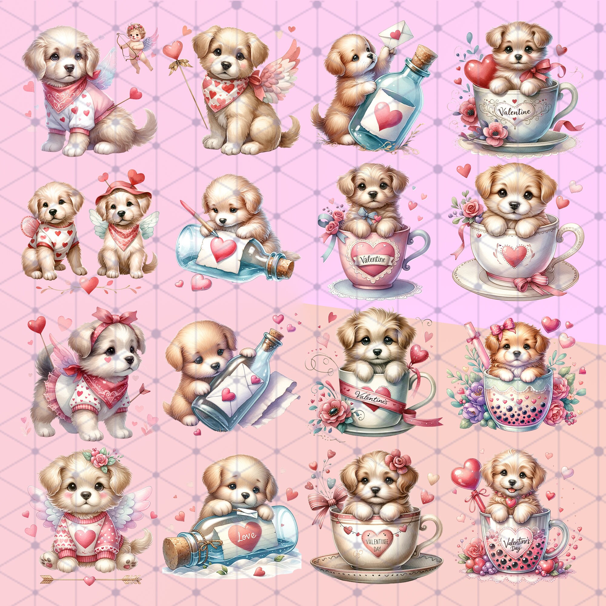 32 Valentine's Day Puppy Love Watercolor Clipart Collection, Valentine ...