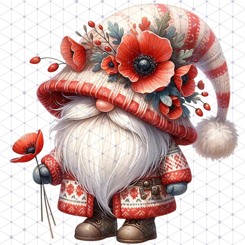 Charming Watercolor Poppy Remembrance Gnome Clipart PNG Valentine's ...