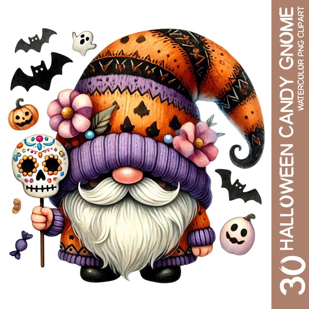 30 Halloween Candy Gnome Clipart Bundle PNG, Spooky Gnome Watercolor ...