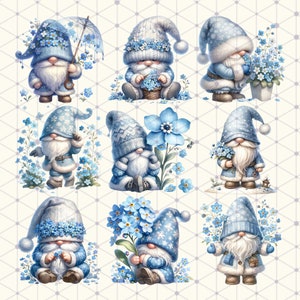 Watercolor Forget-me-not Gnome Clipart: Floral PNG Set (digital ...