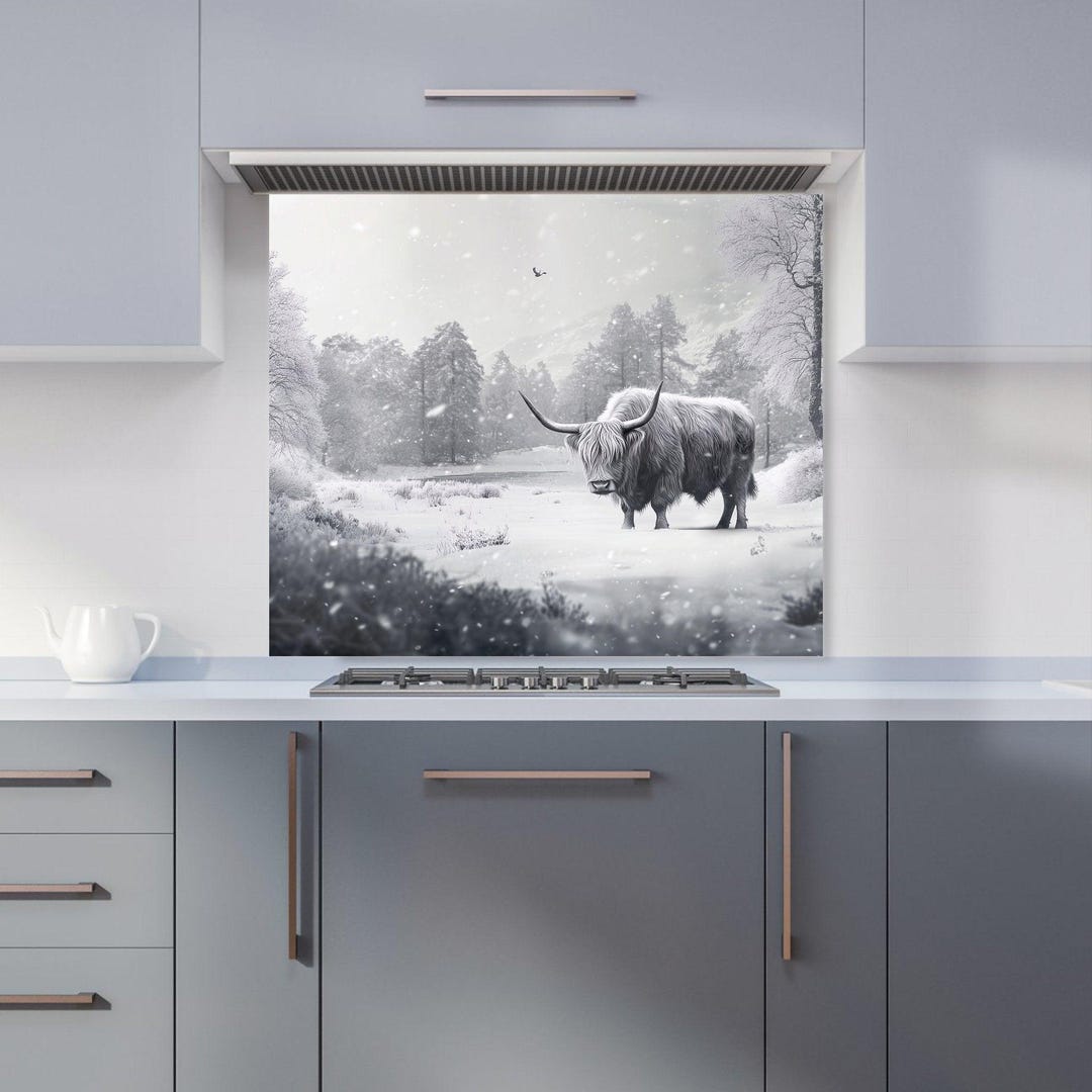 Premium Snow Storm Highland Cow Kitchen Splashback , 6mm Heat-resistant ...